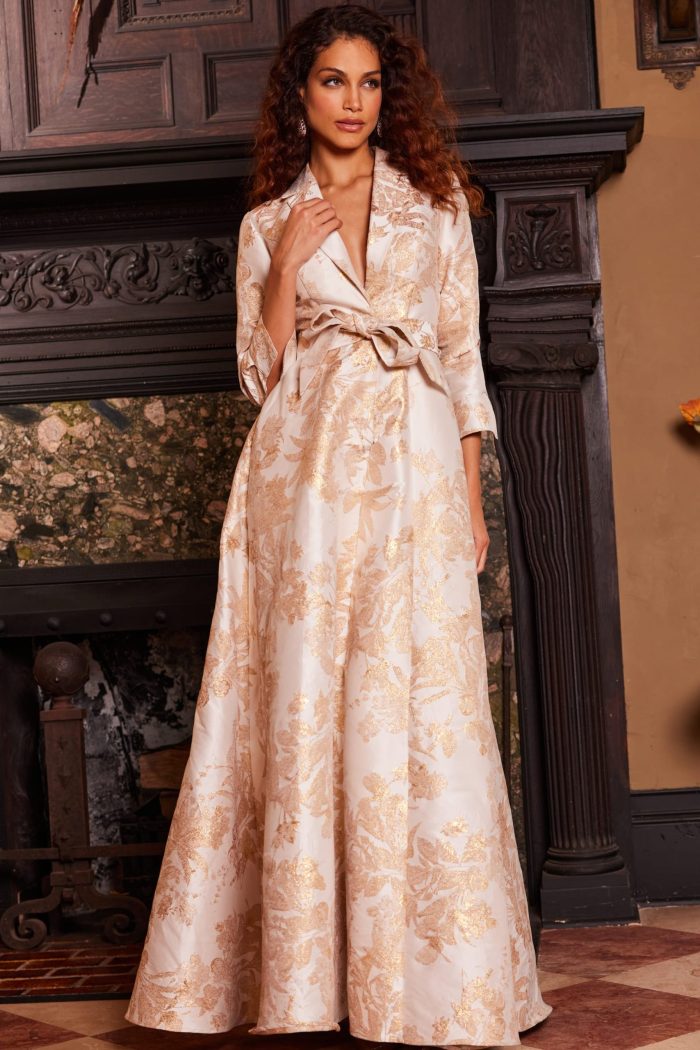 Gold Jovani 23178 Long A Line Pleated Print Formal Dress For 9000