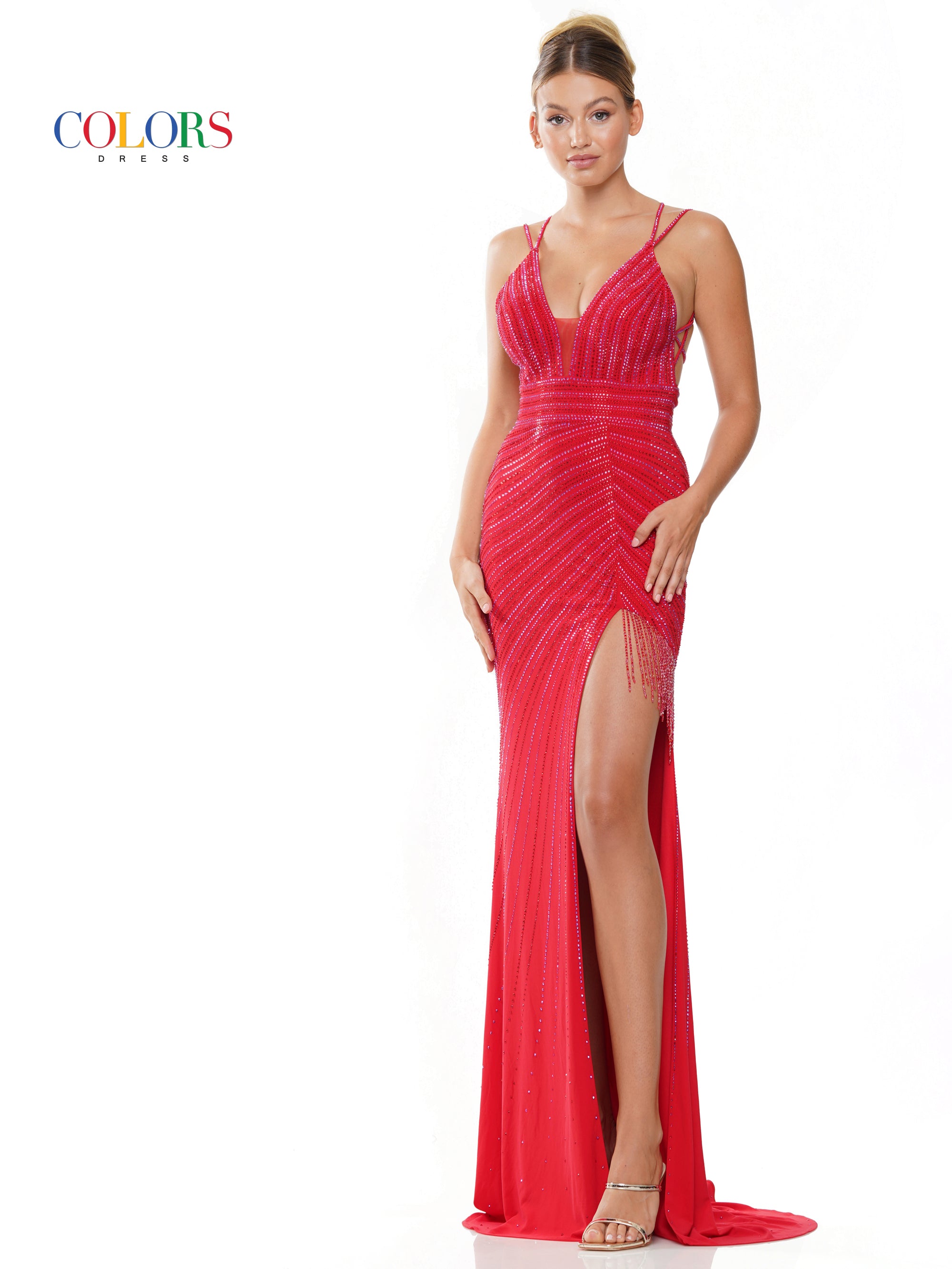 Red Colors 3092 Long Spaghetti Strap Formal Beaded Prom Dress For 589