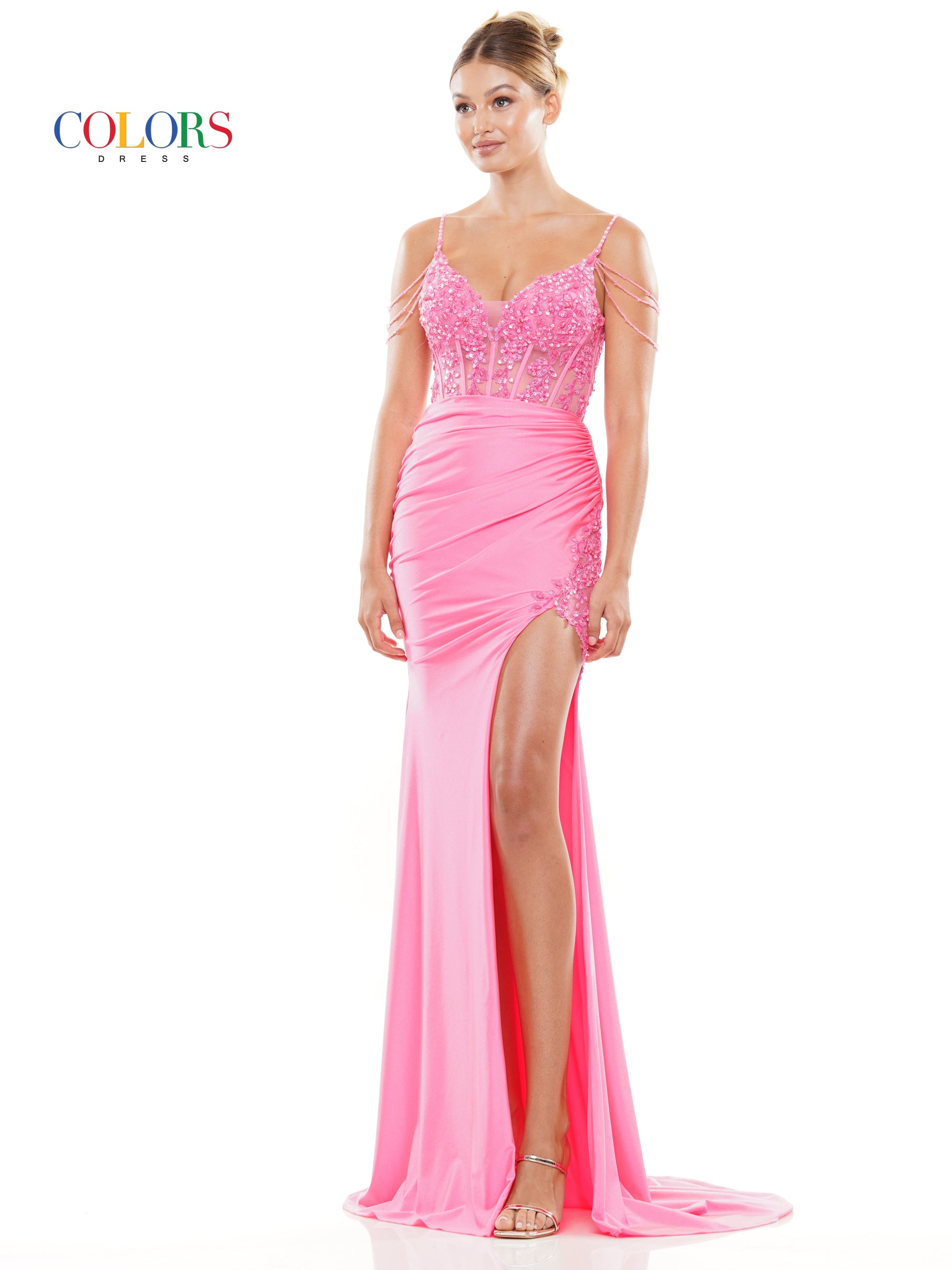 Hot Pink Colors 3302 Long Beaded Corset Bodice Front Slit Prom Dress