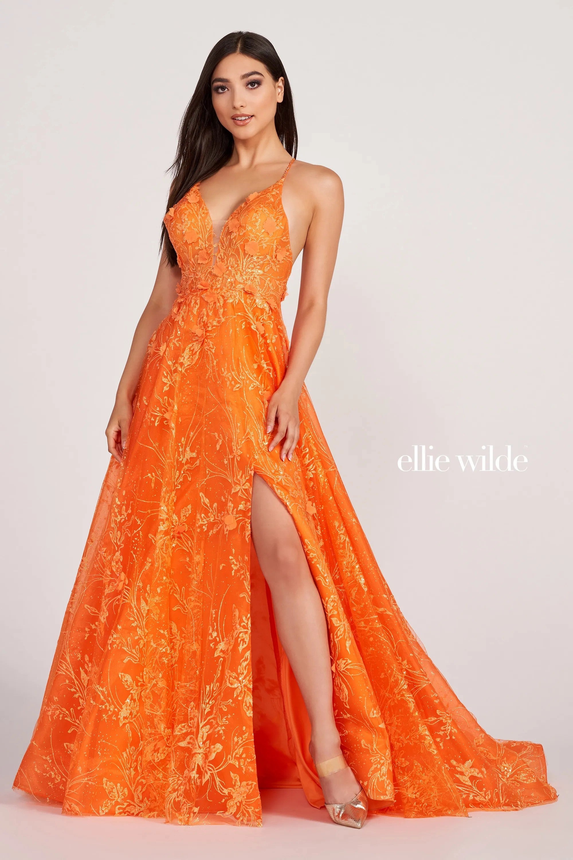 Orange Ellie Wilde Ew34102 Long Formal Pocket Ballgown Prom Dress For