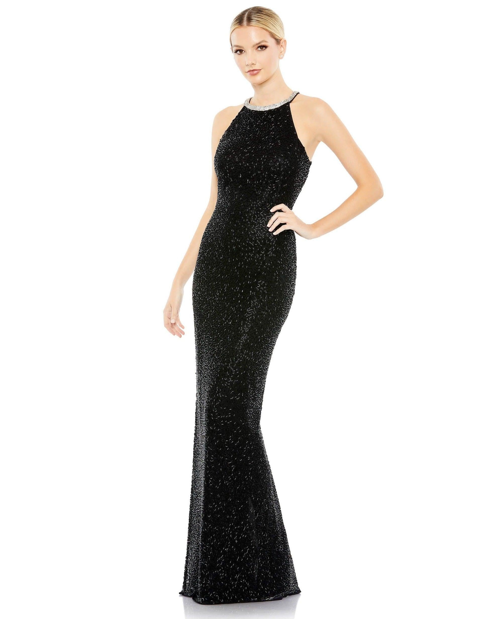 Nudesilver Mac Duggal 93742 Long Formal Beaded Halter Prom Gown For