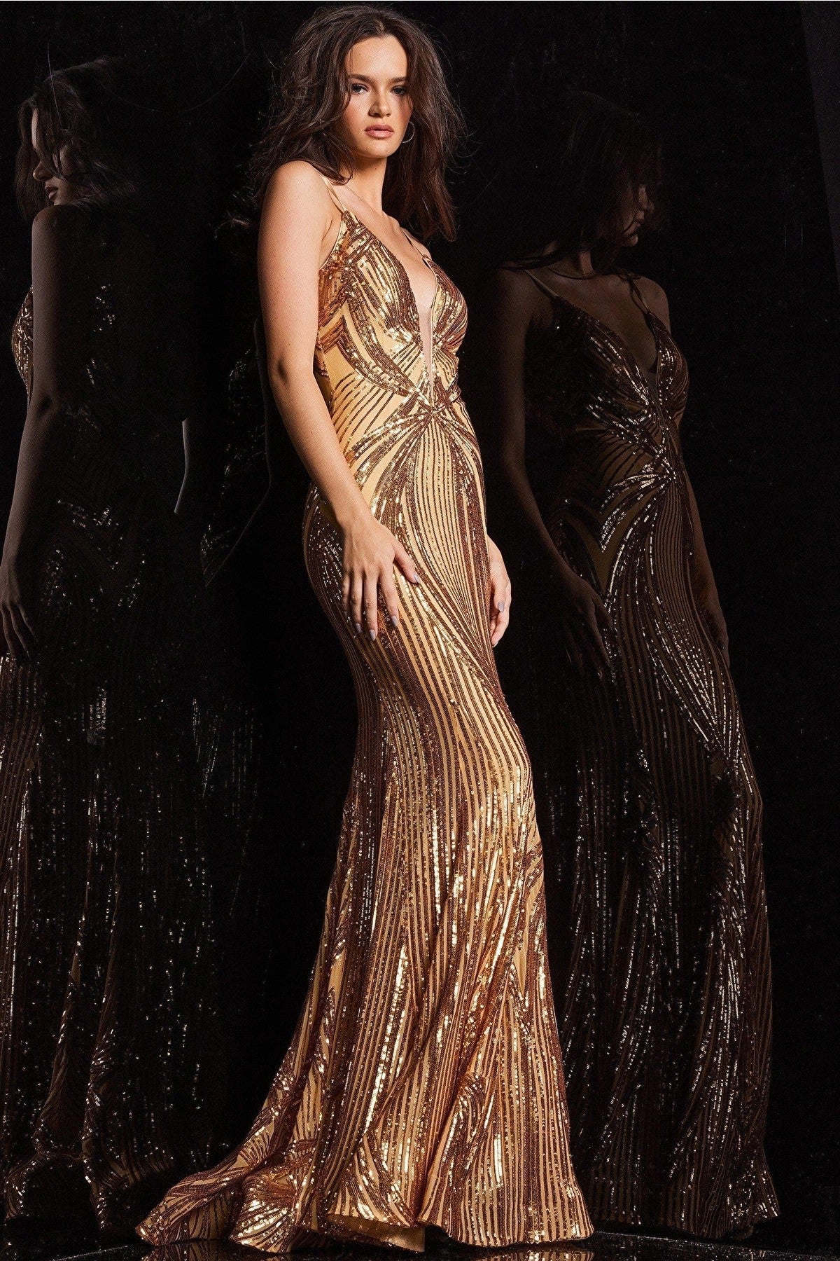 Gold Gold 12 Jovani 09693 Long Spaghetti Strap Fitted Prom Gown Sale ...