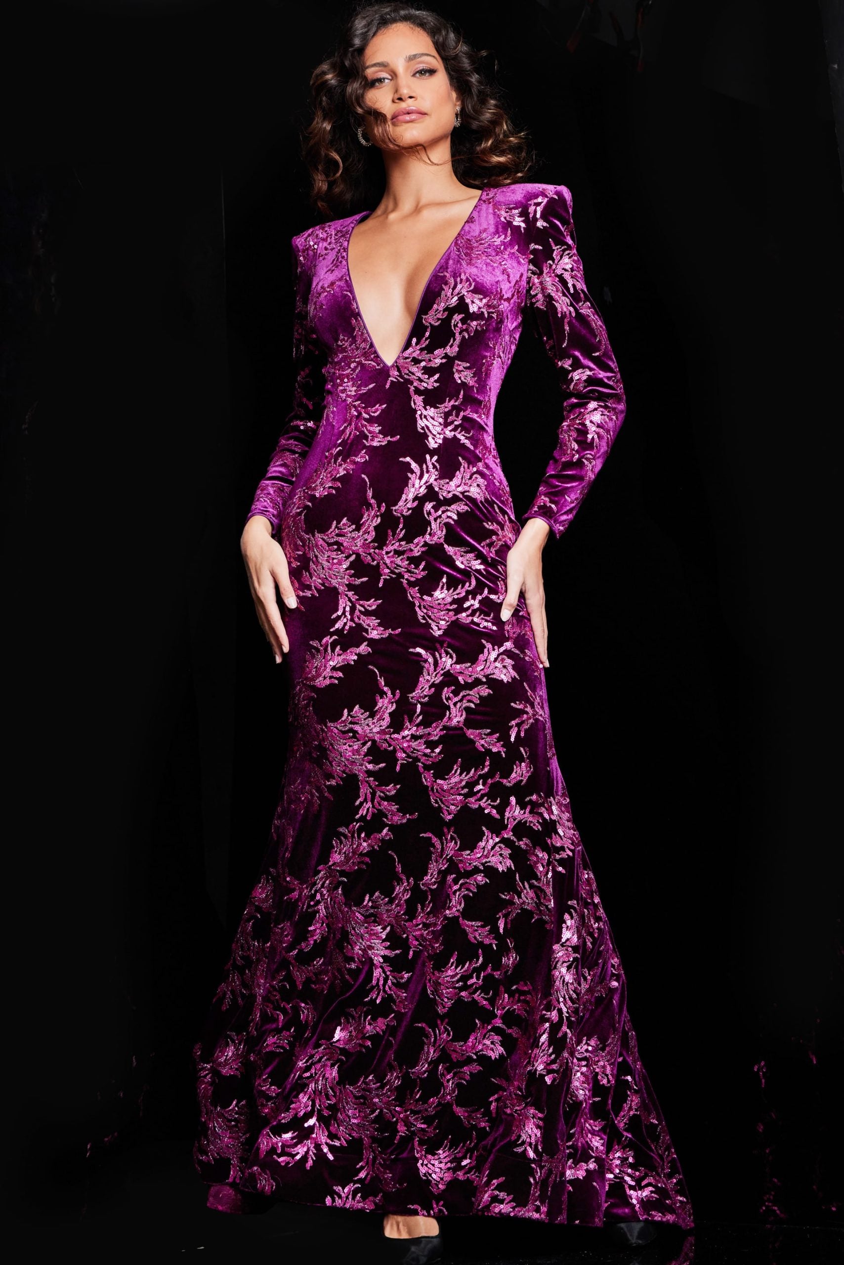 Merlot Jovani 23715 Long Sequin Velvet Formal Dress for $790.0 – The ...