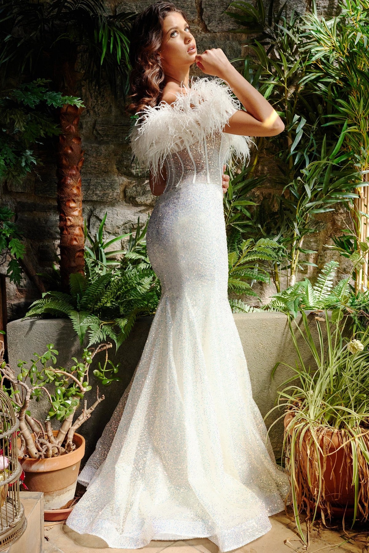 Off White Jovani 23958 Long Formal Feather Prom Gown for $945.0 – The ...