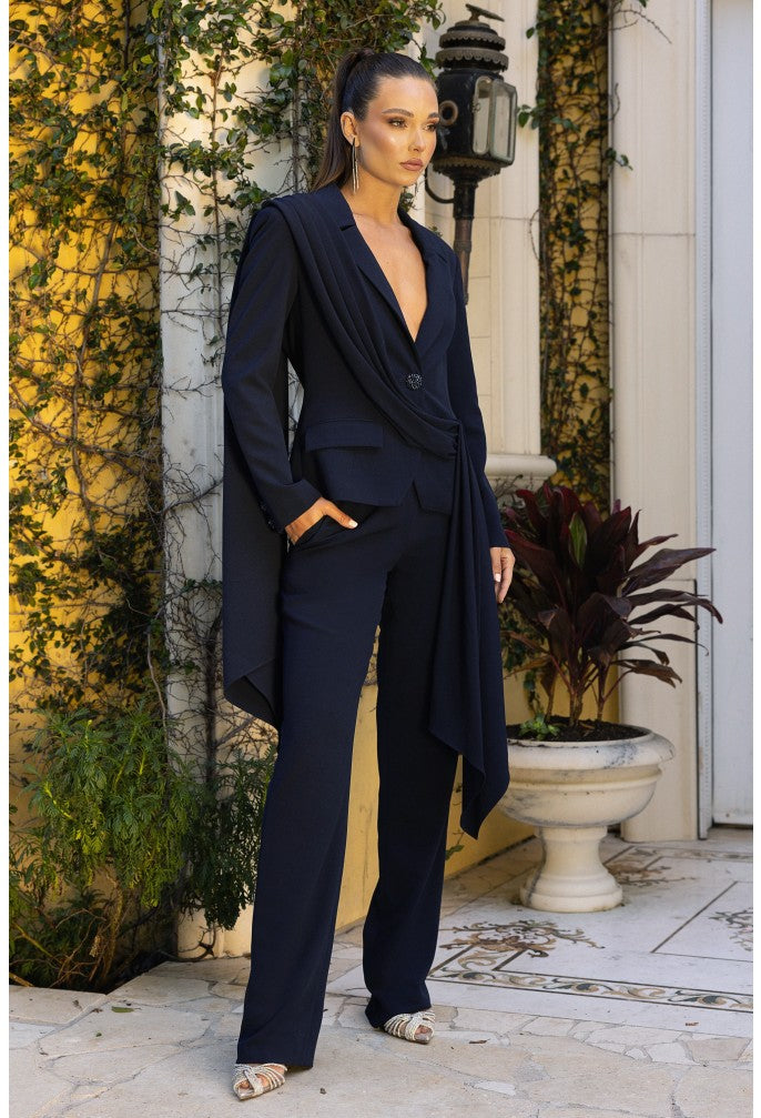 Navy Terani Couture 242E3180 Beaded Long Sleeve Formal Pant Suit for ...