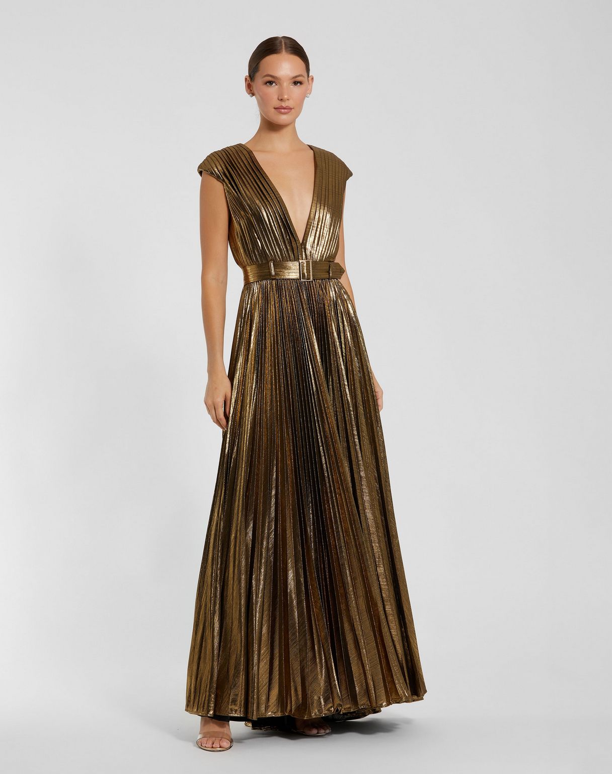 Bronze Mac Duggal 27215 Pleated Metallic Long Formal Dress for $498.0 ...