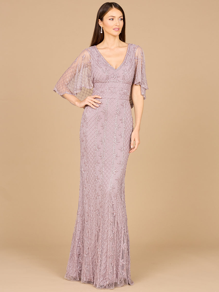 Lilac Lara Dresses 29023 Long Beaded Mermaid Cape Sleeve Evening Dress ...