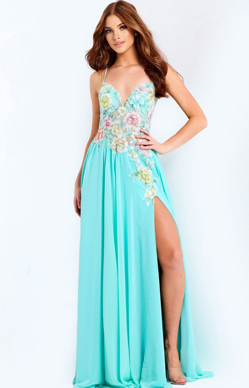 Jovani 49633 Long Formal Floral Applique A Line Prom Dress