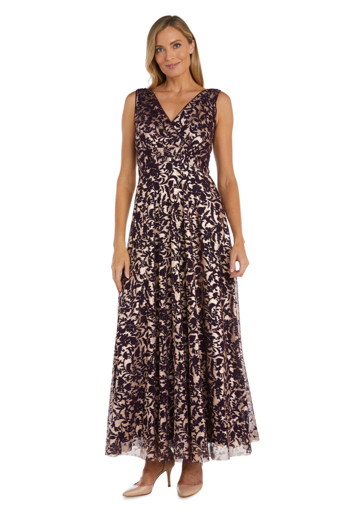 Plum Gold R&M Richards 9806 Pleated Print Long Formal Dress for $129.0 ...