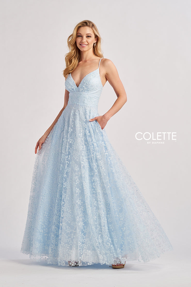 Ice Blue Colette by Daphne CL8650 A Line Long Formal Glitter Prom dress ...