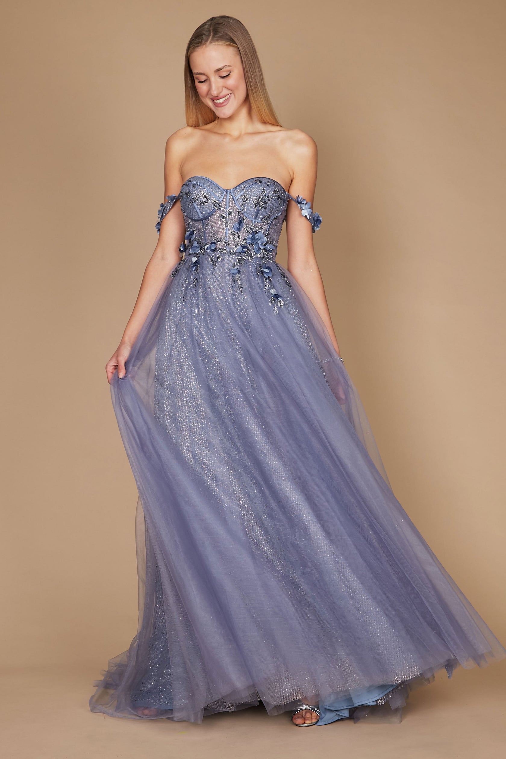 Periwinkle Blue Long Strapless Floral Off Shoulder Formal Prom Dress ...