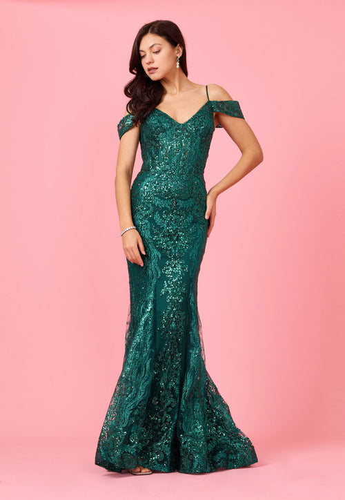 Dylan & Davids DD1354 Off-Shoulder Sequin Corset Formal Dress Emerald Green