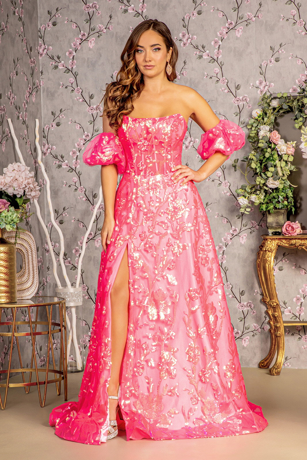 Hot Pink Long Formal Detachable Sleeve Sequin Prom Dress For 3200