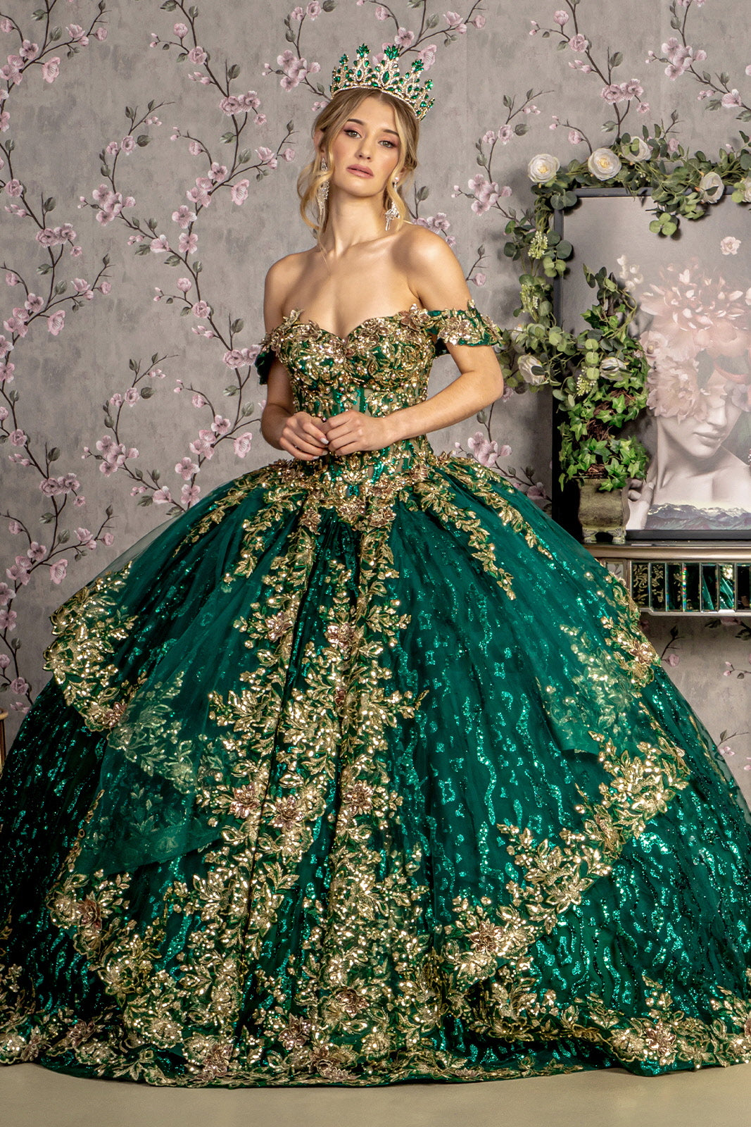Green Long Metallic Quinceanera Ball Gown for $1257.0 – The Dress Outlet
