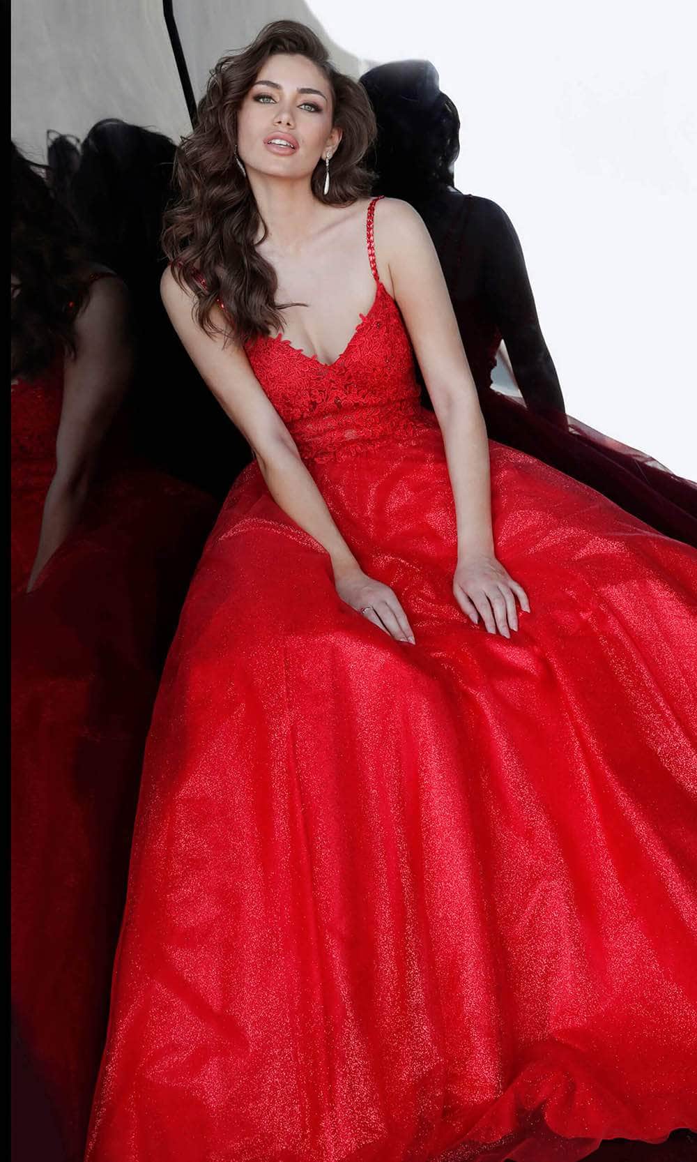 Hot Pink Jovani 67051 Prom Long Spaghetti Strap Metallic Ball Gown For