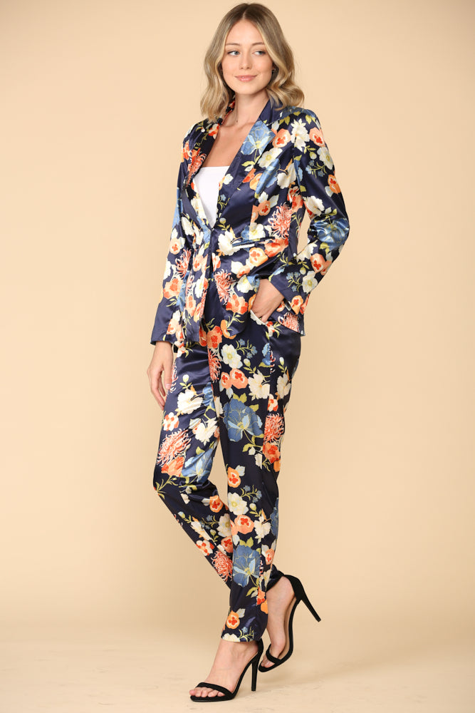 Black Floral Satin Print Jacket Pant Set for $39.99 – The Dress Outlet