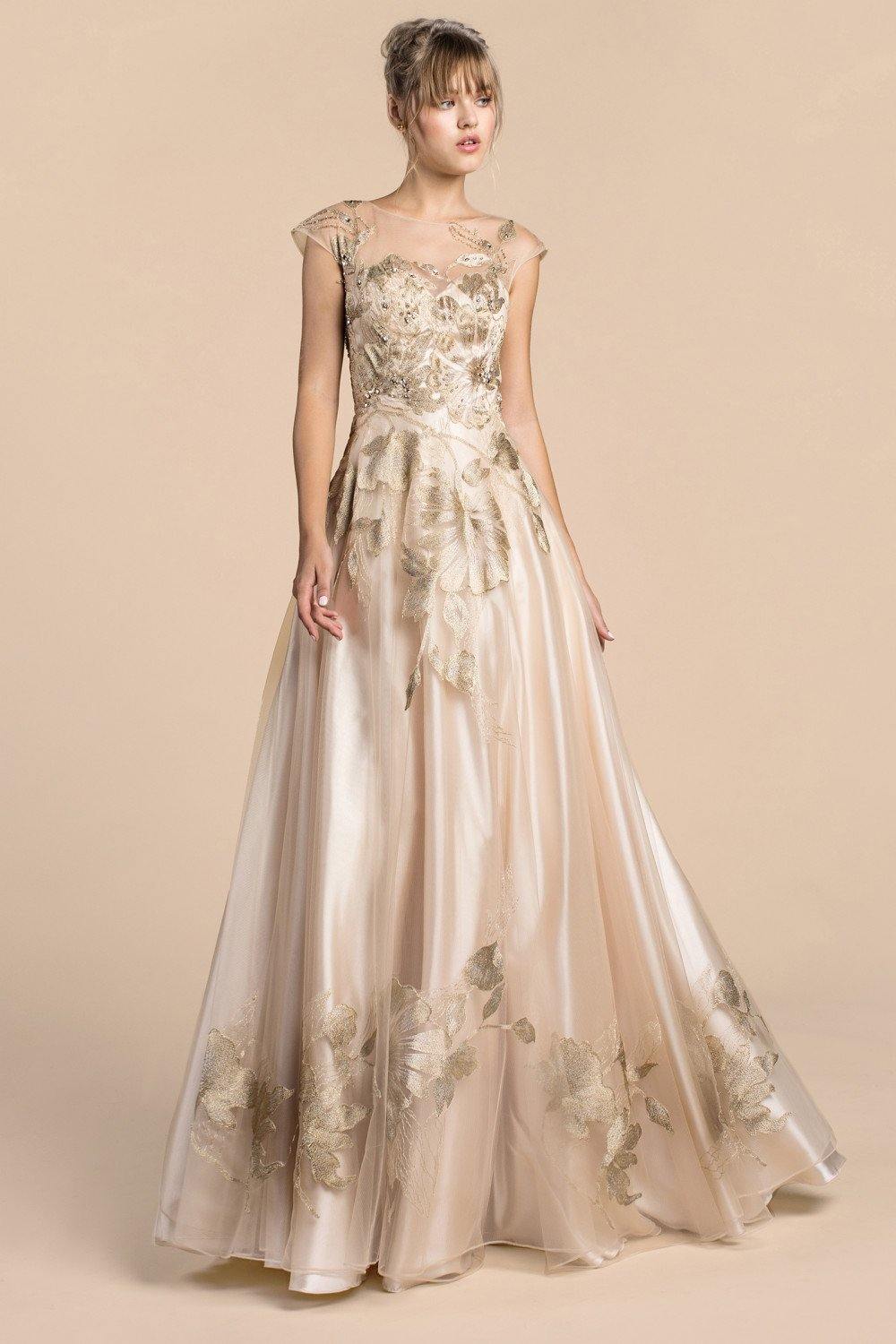 Champagne Andrea & Leo CDA0081 Metallic Flora Long Prom Dress for $319. ...