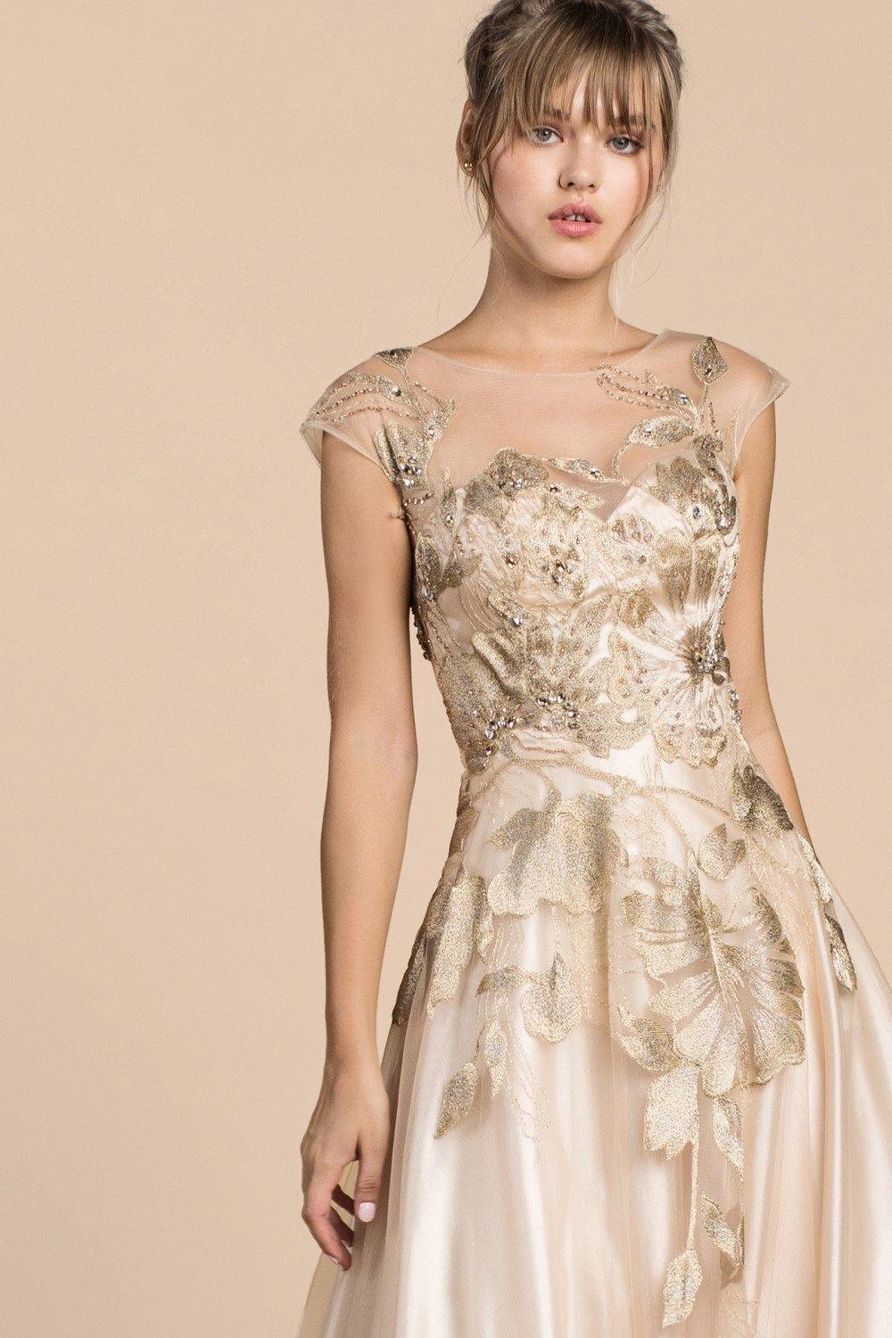 Champagne Andrea & Leo CDA0081 Metallic Flora Long Prom Dress for $319. ...