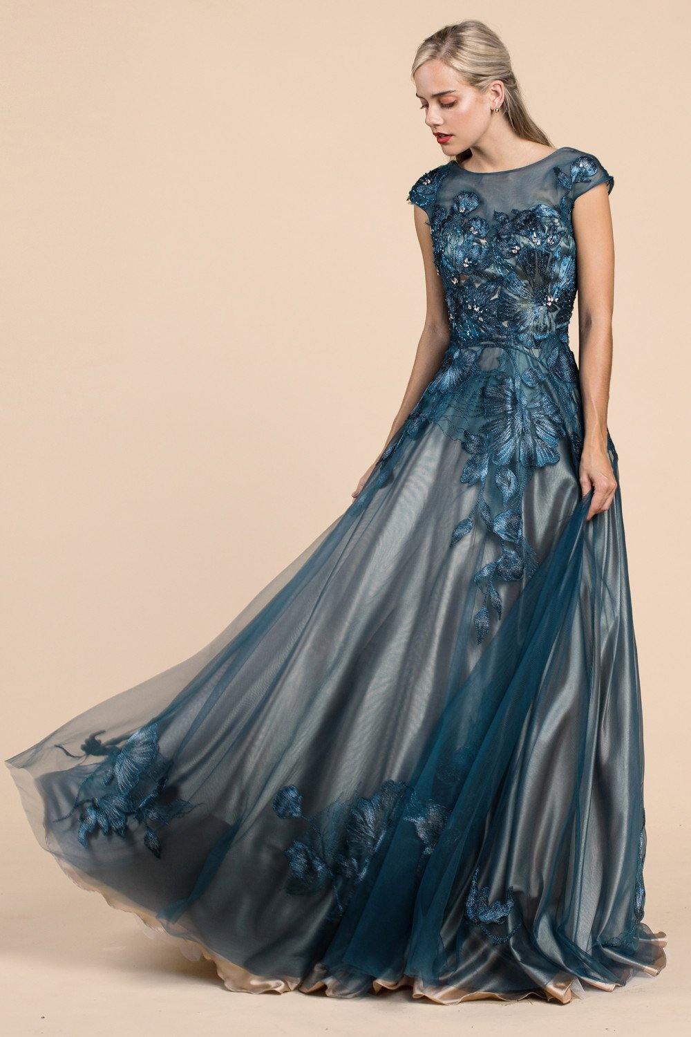 Champagne Andrea & Leo CDA0081 Metallic Flora Long Prom Dress for $319. ...