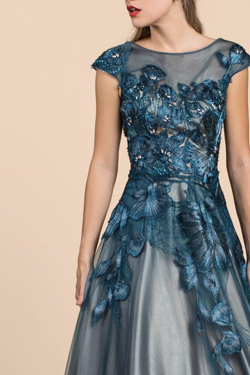 Champagne Andrea & Leo CDA0081 Metallic Flora Long Prom Dress for $319. ...