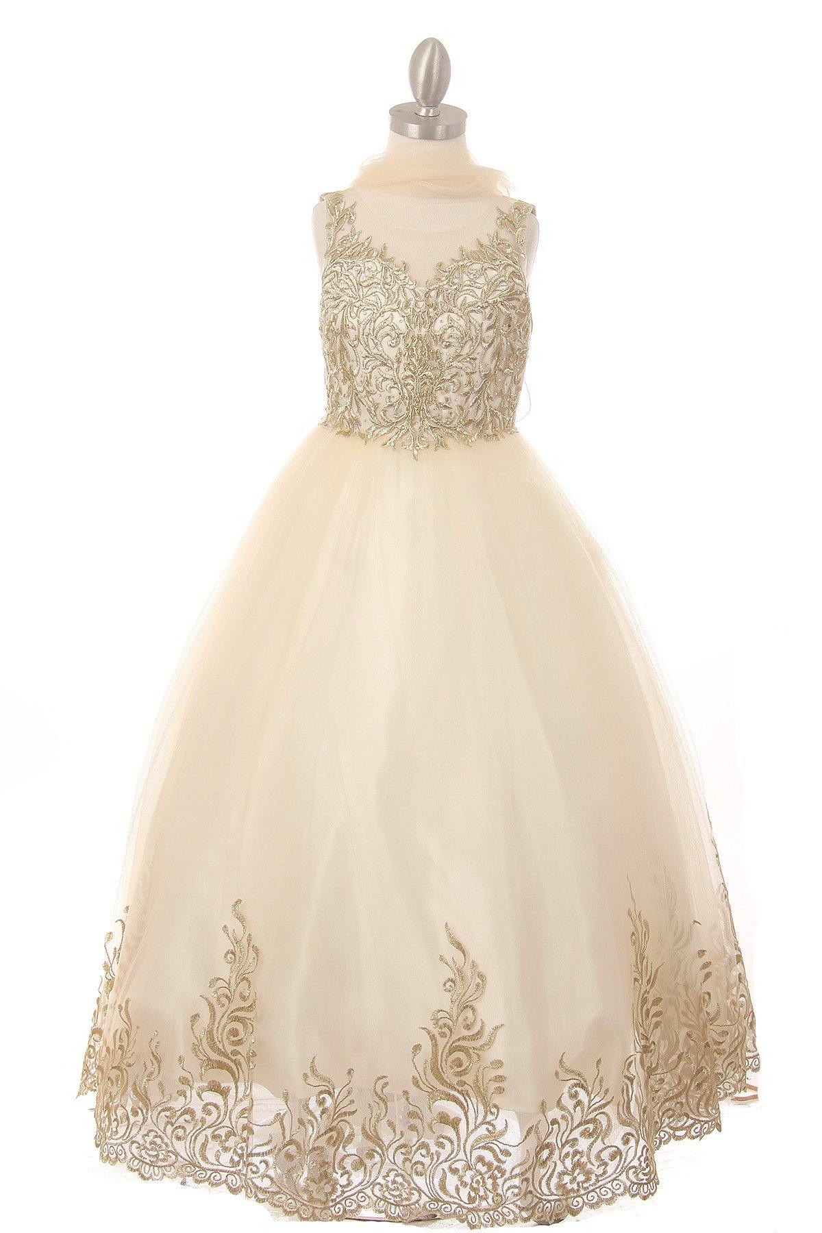 Champagne Beaded with Embroidered Hemline Gown Flower Girl Dress for ...