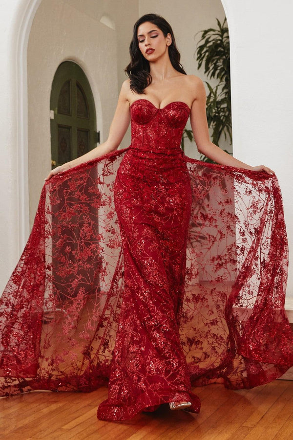 Deep Red Cinderella Divine CB046 Long Strapless Floral Applique Prom ...