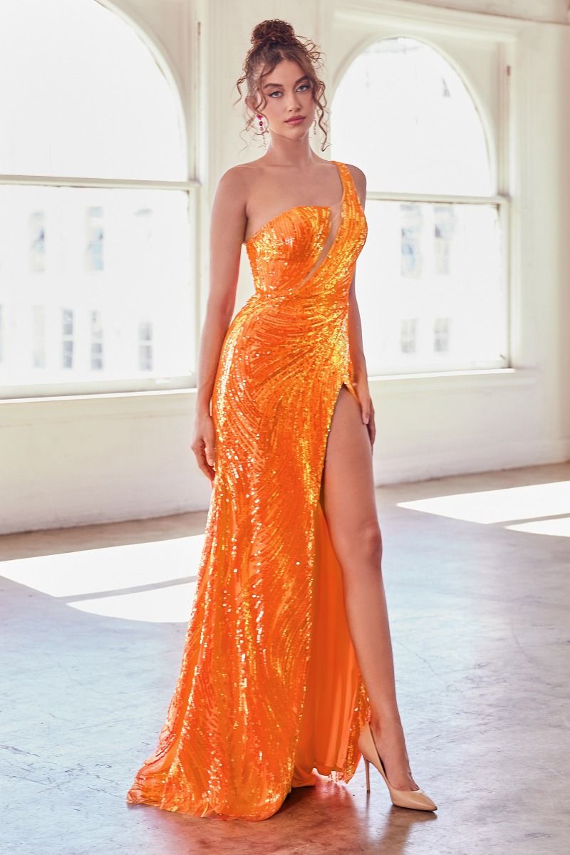 Orange Cinderella Divine CK937 Long Fitted Formal Prom Sequin Gown for ...