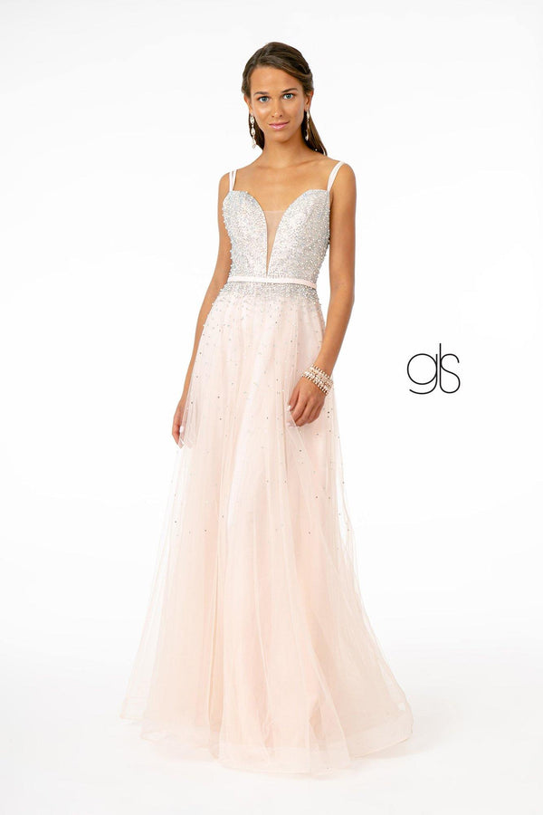 Jewel Embellished Bodice MeshLong Prom Dress | The Dress Outlet