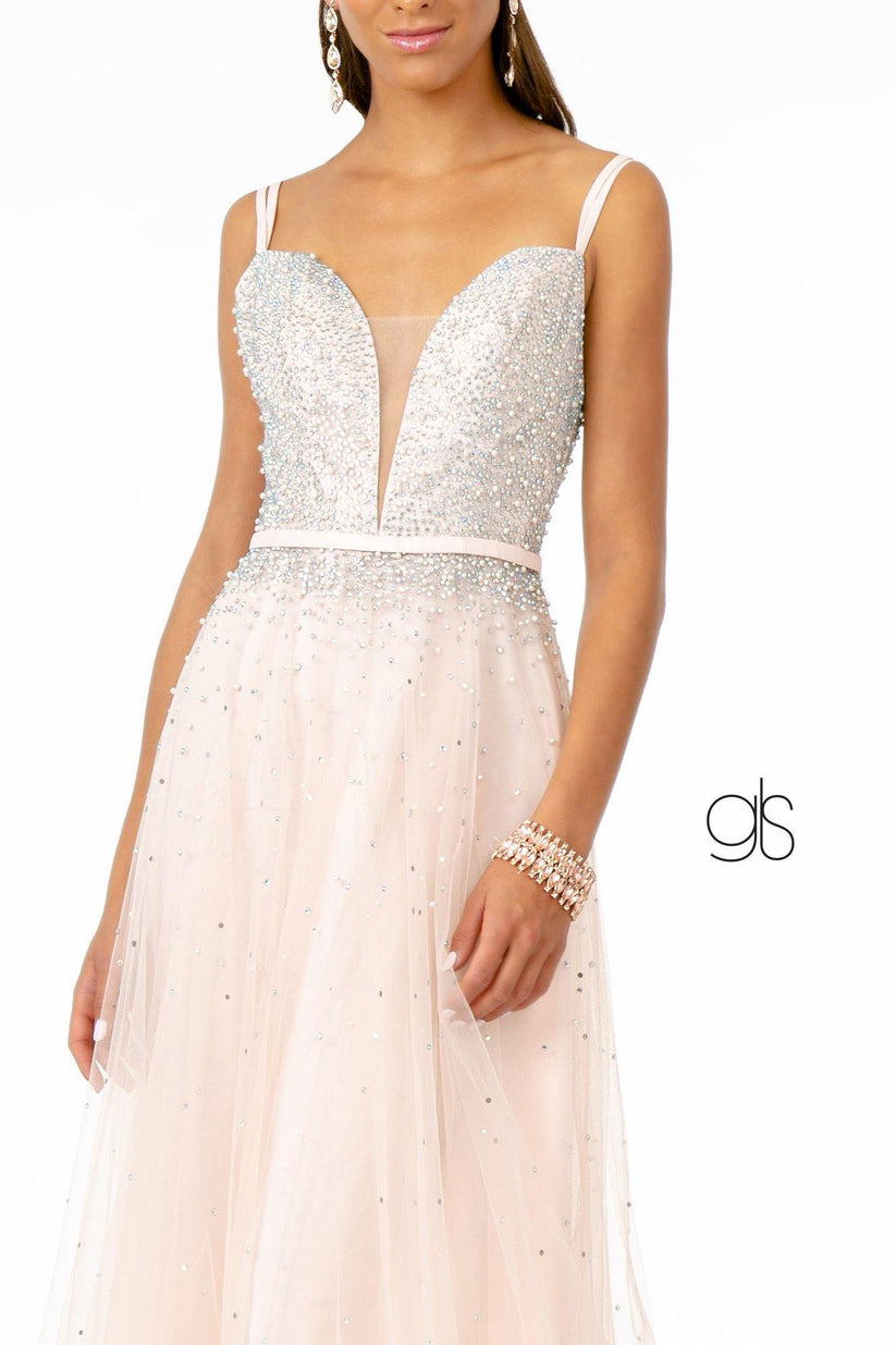 Jewel Embellished Bodice MeshLong Prom Dress | The Dress Outlet