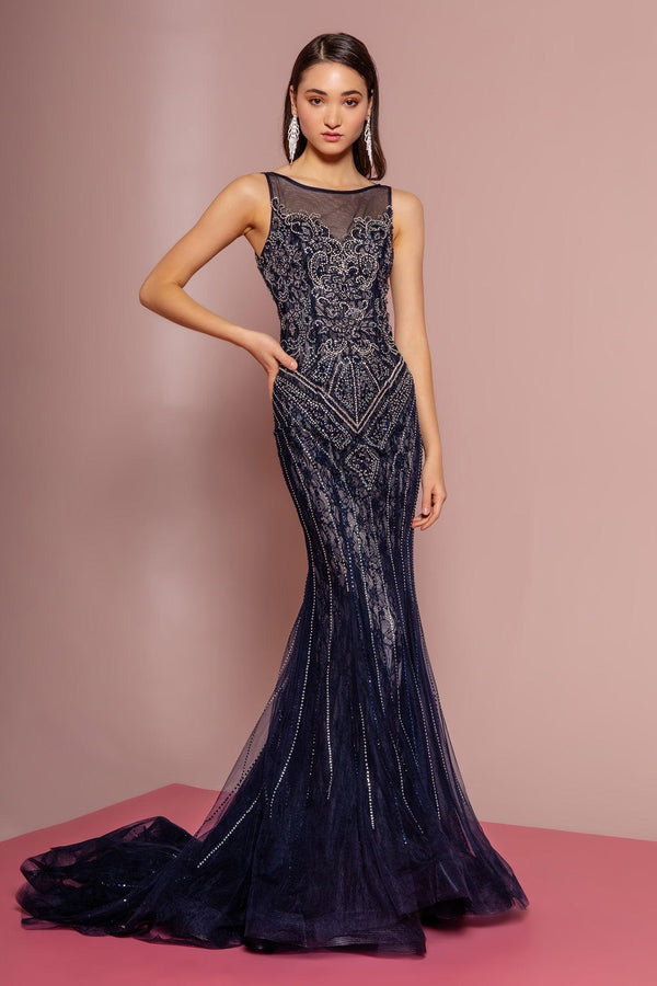 Navy Jewel Embellished Lace Long Prom Dress for $411.99 – The Dress Outlet