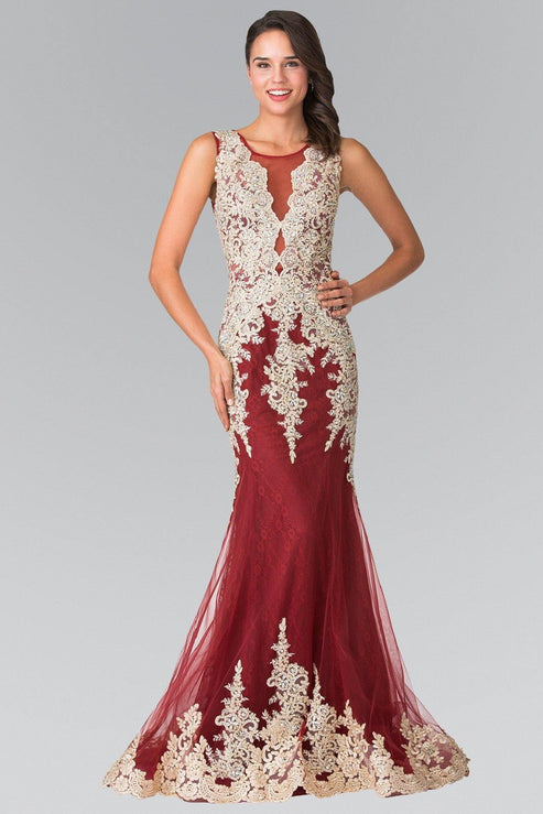 Burgundy/Gold Jewels Embellished Lace Illusion Long Prom Dress for $250 ...
