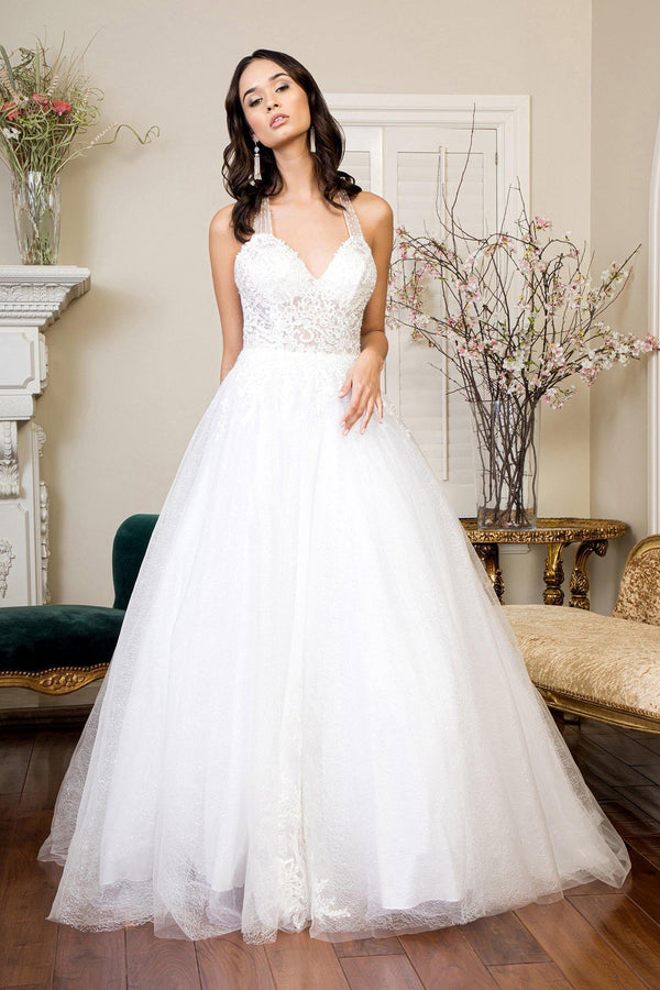 White Long Halter Embroidered Glitter Mesh Wedding Gown for $411.99 ...