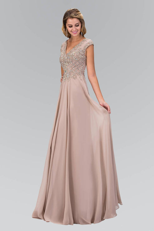 Tan V - Neck Chiffon Long Prom Dress Formal for $181.99 – The Dress Outlet
