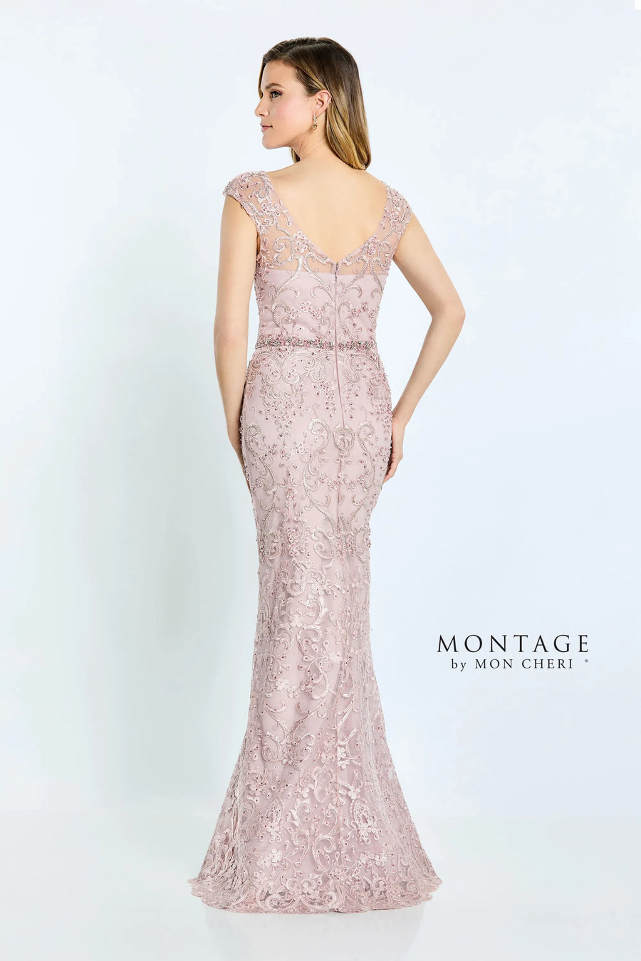 Pink Topaz Montage M516 Beaded Floral Long Fitted Formal Evening Dress ...