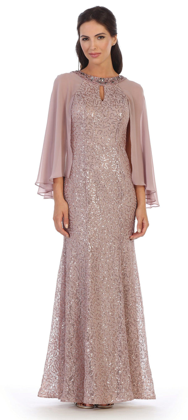 Mother of the Bride Long Formal Cape Dress | DressOutlet