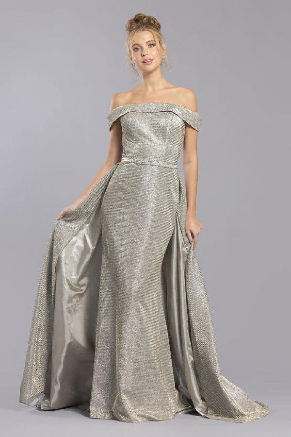 Champagne-Silver Off Shoulder Long Prom Dress with Cape Skirt for $149. ...