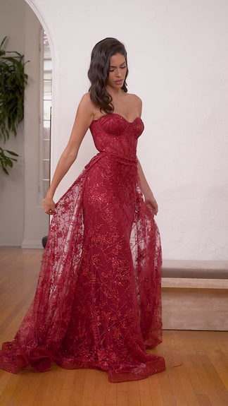 Deep Red Cinderella Divine CB046 Long Strapless Floral Applique Prom ...