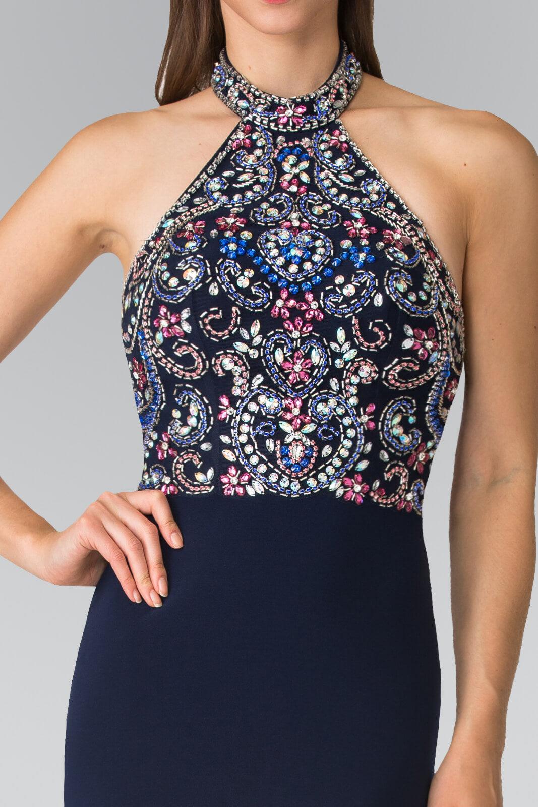 Navy Prom Long Beaded Halter Neck Evening Formal Dress | DressOutlet ...