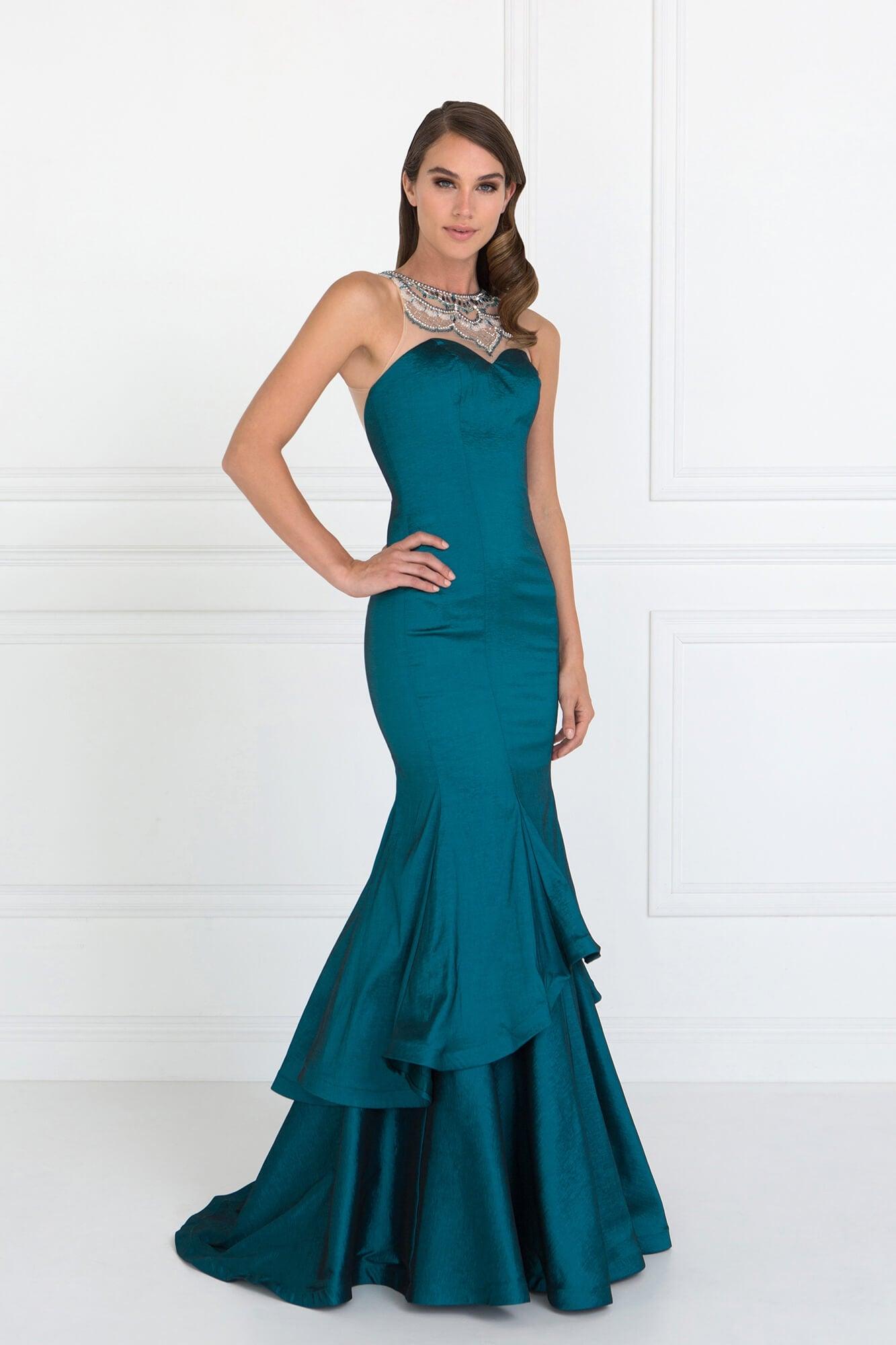 Teal Prom Long Formal Dress with Two-Tier Skirt Evening Gown ...