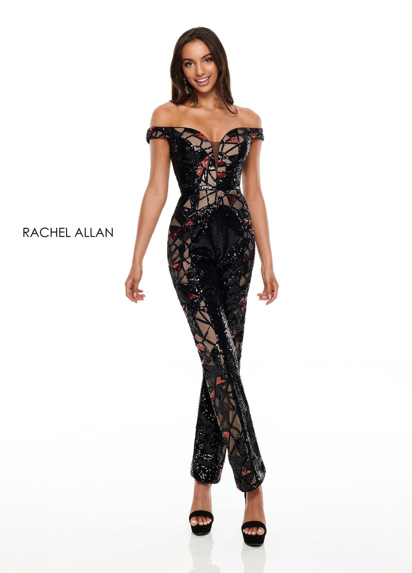 Black/Burgundy Off Shoulder Jumpsuit Prom for $339.99 – The Dress Outlet