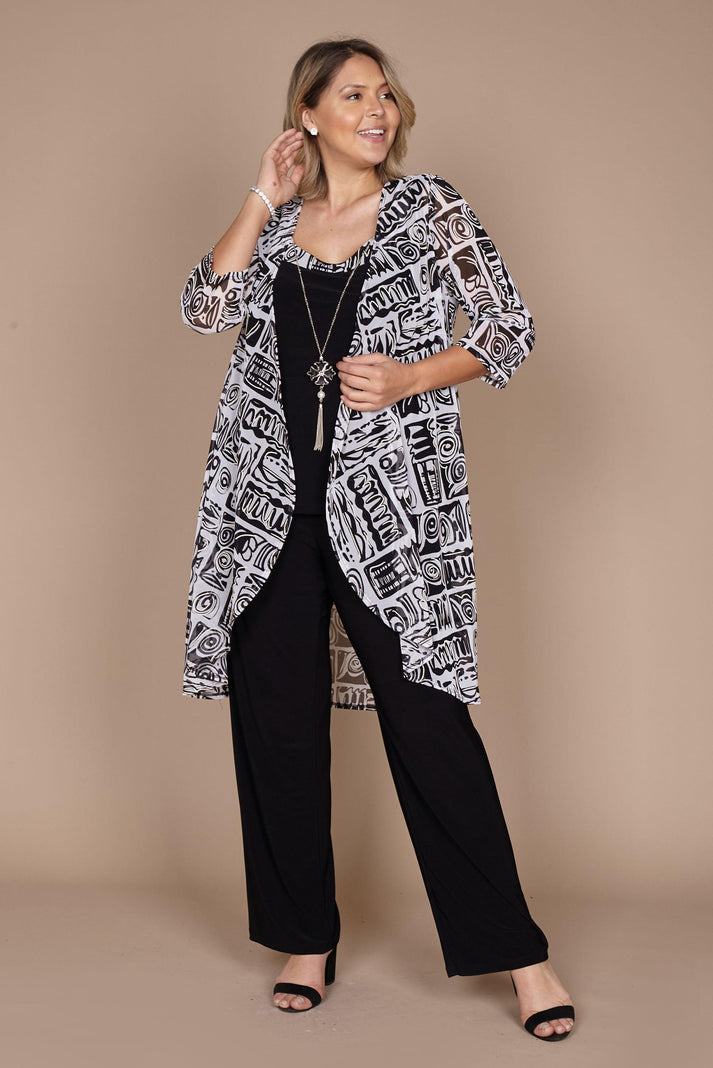 Black/Ivory R&M Richards 7248W Plus Size Duster Jacket Pant Suit for ...