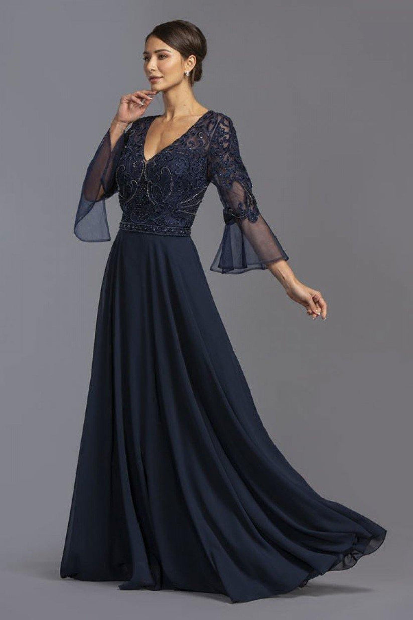 Navy V-Neck Bell Sleeves Long Formal Dress Navy Blue for $214.99 – The ...