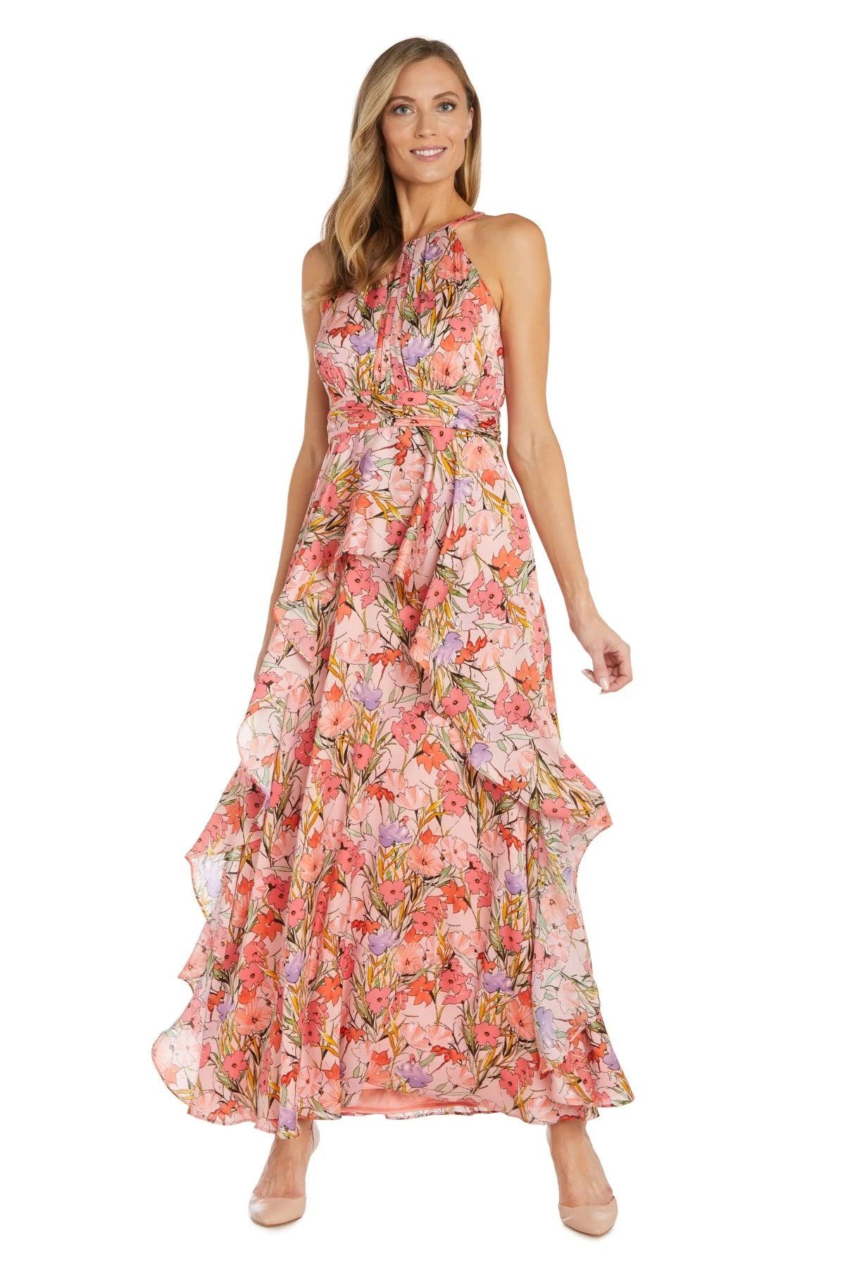 Coral/Lavender R&M Richards 1118 Long Halter Floral Ruffle Maxi Dress ...