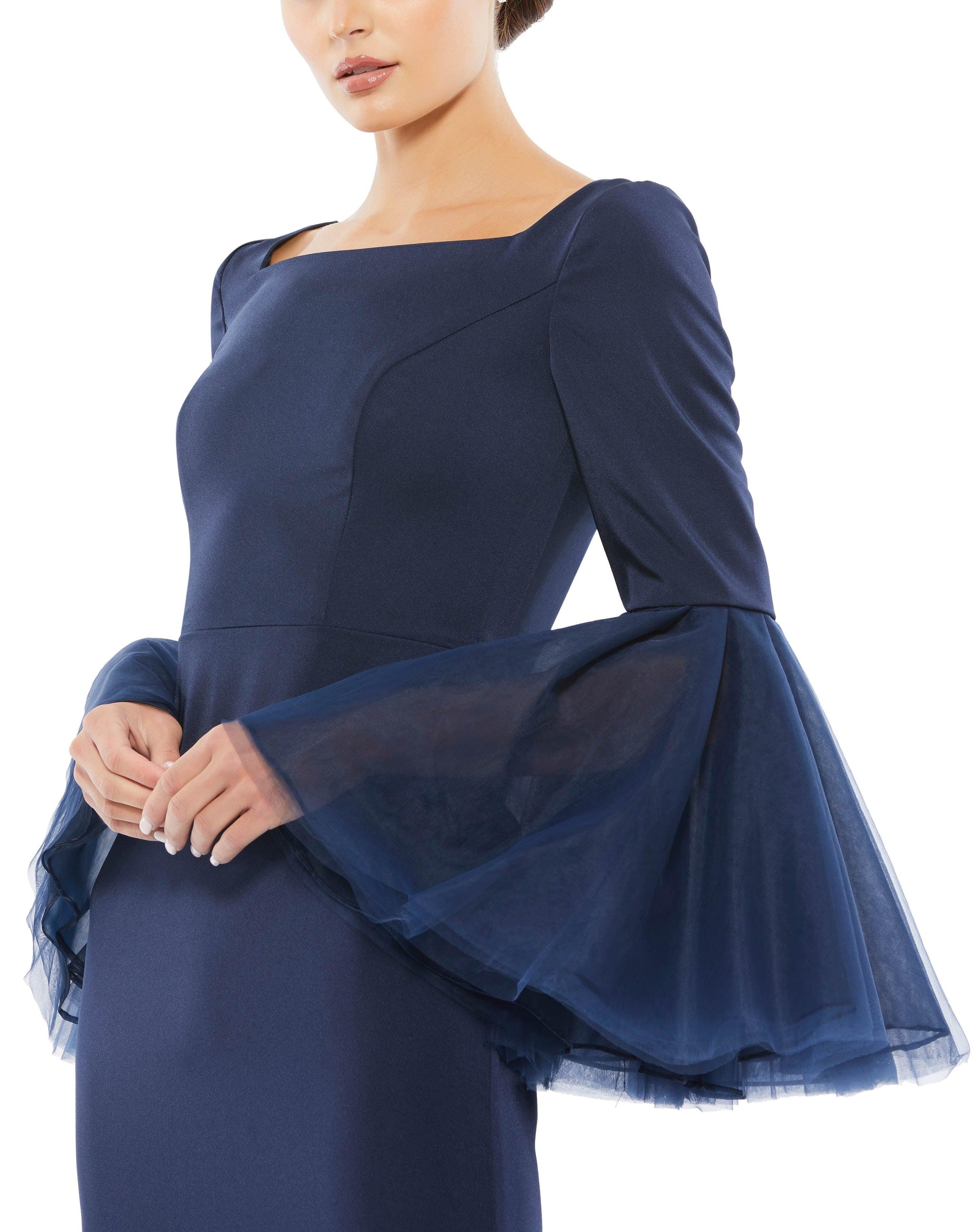 Navy Mac Duggal 11233 Long Formal Bell Sleeve Dress for $498.0 – The ...