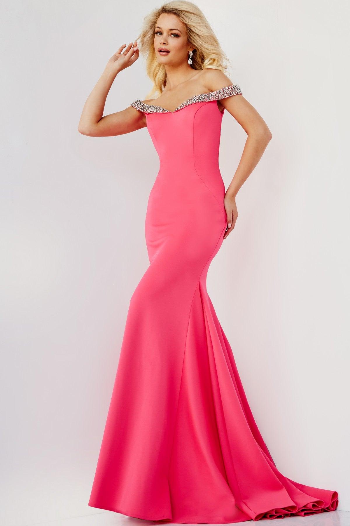Fuchsia Jovani 08436 Long Off Shoulder Mermaid Prom Dress for $583.0 – The Dress Outlet