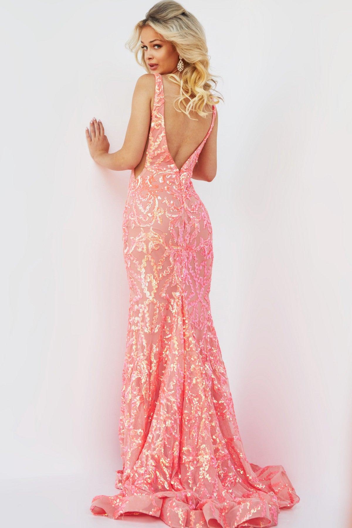 Iridescent Hot Pink Jovani 22811 Long Sleeveless Formal Fitted Prom ...