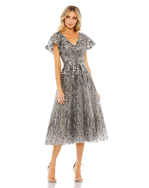 Taupe Mac Duggal 20392 Short Sleeve Tea Length Formal Dress for $698.0 ...