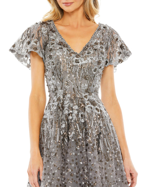 Taupe Mac Duggal 20392 Short Sleeve Tea Length Formal Dress for $698.0 ...