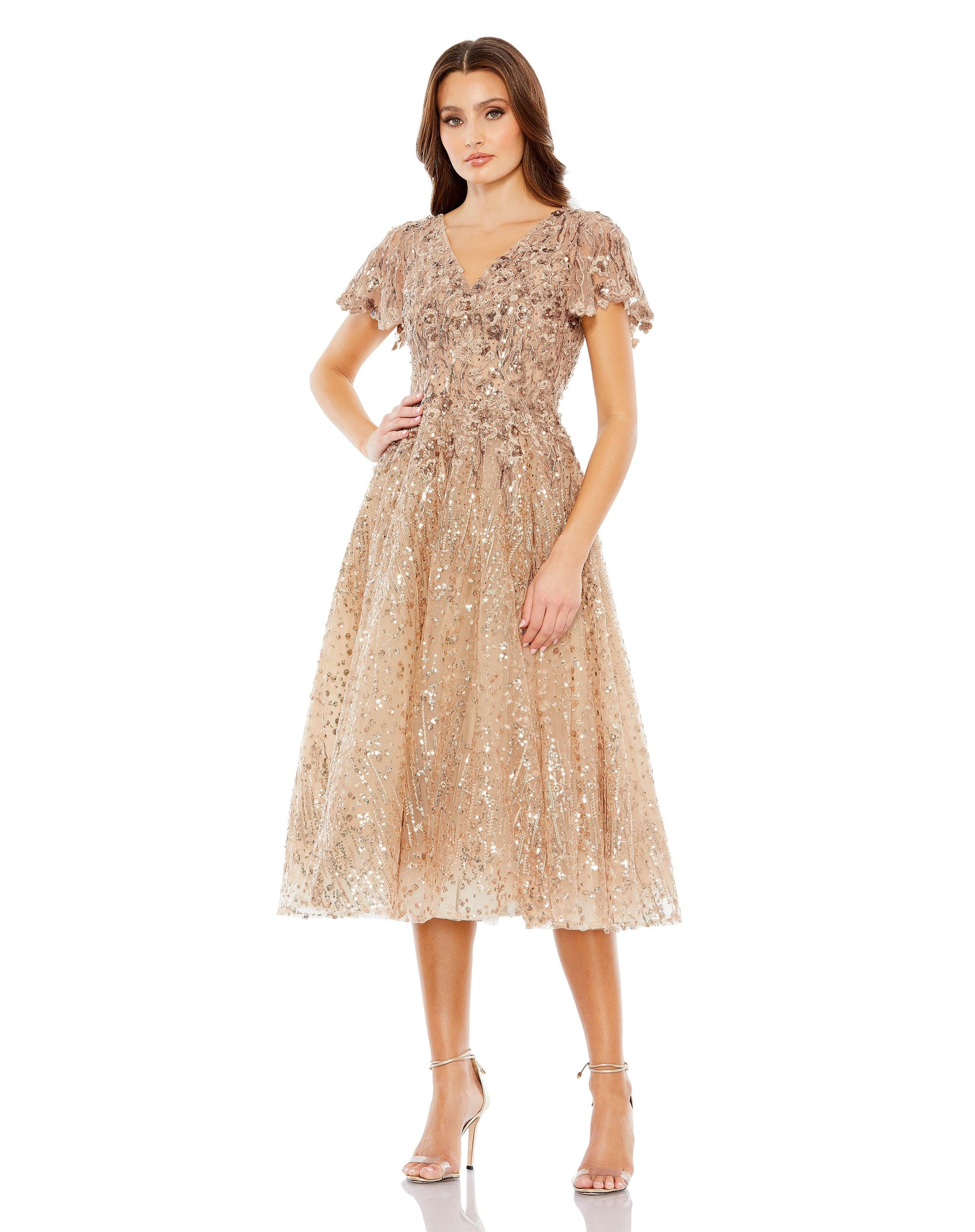 Taupe Mac Duggal 20392 Short Sleeve Tea Length Formal Dress for $698.0 ...