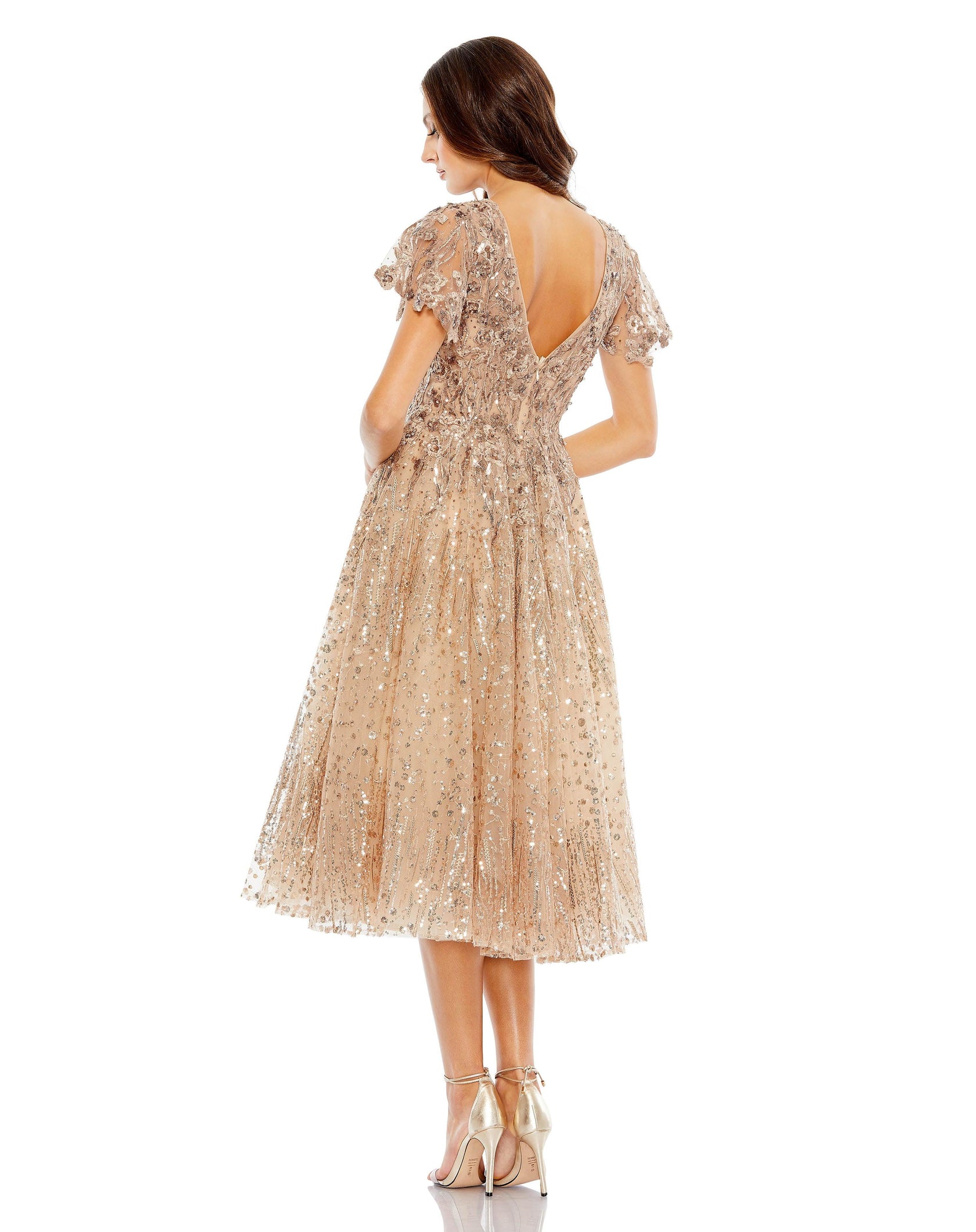 Taupe Mac Duggal 20392 Short Sleeve Tea Length Formal Dress for $249.0 ...